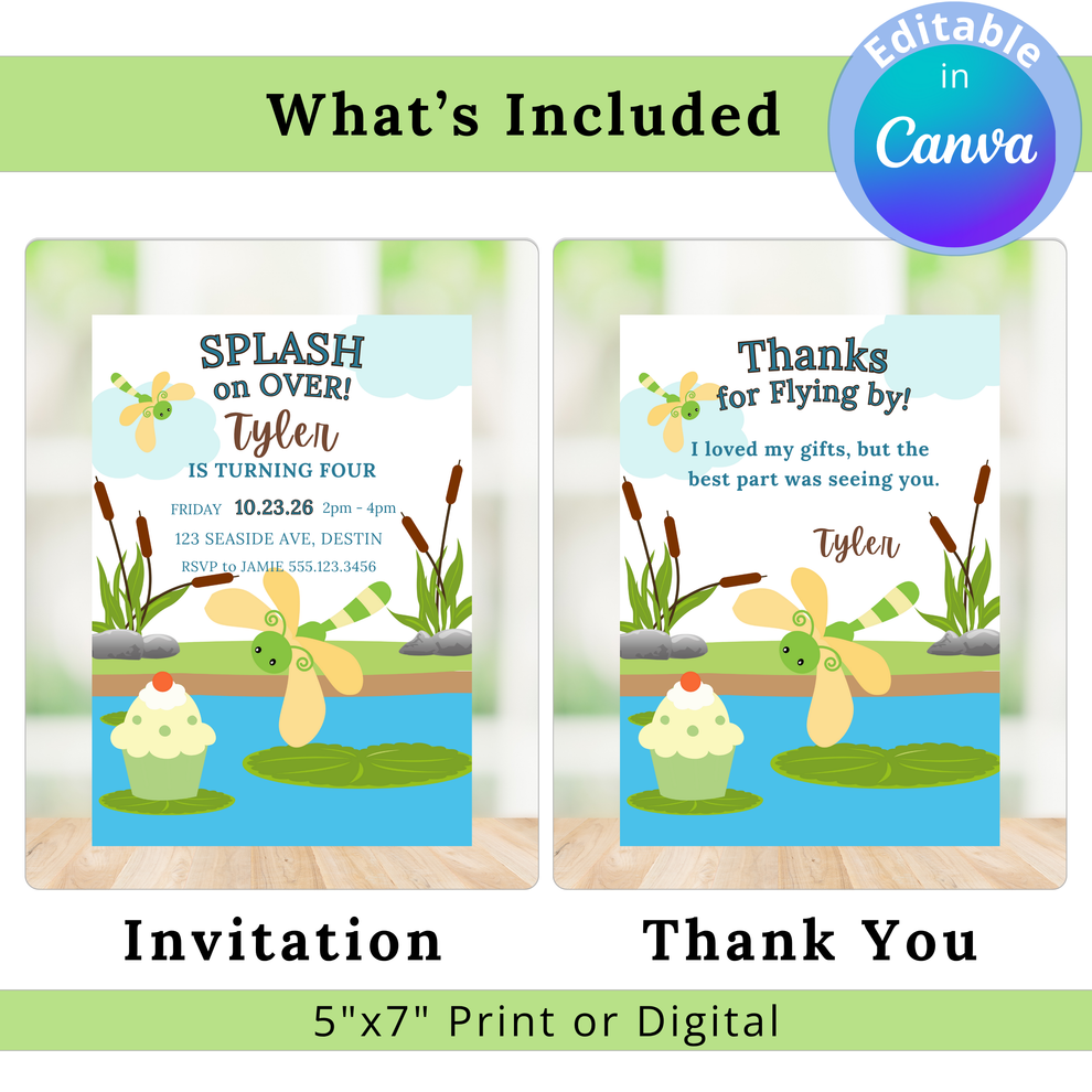 Little Cattail Pond Pals Dragonfly Editable Party Bundle Canva Templat ...