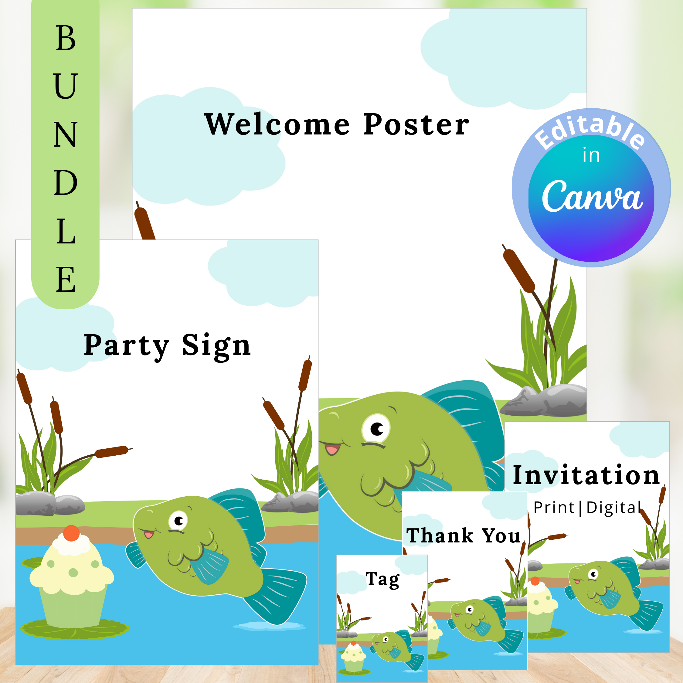 Little Cattail Pond Pals Fish Editable Party Bundle Canva Template ...