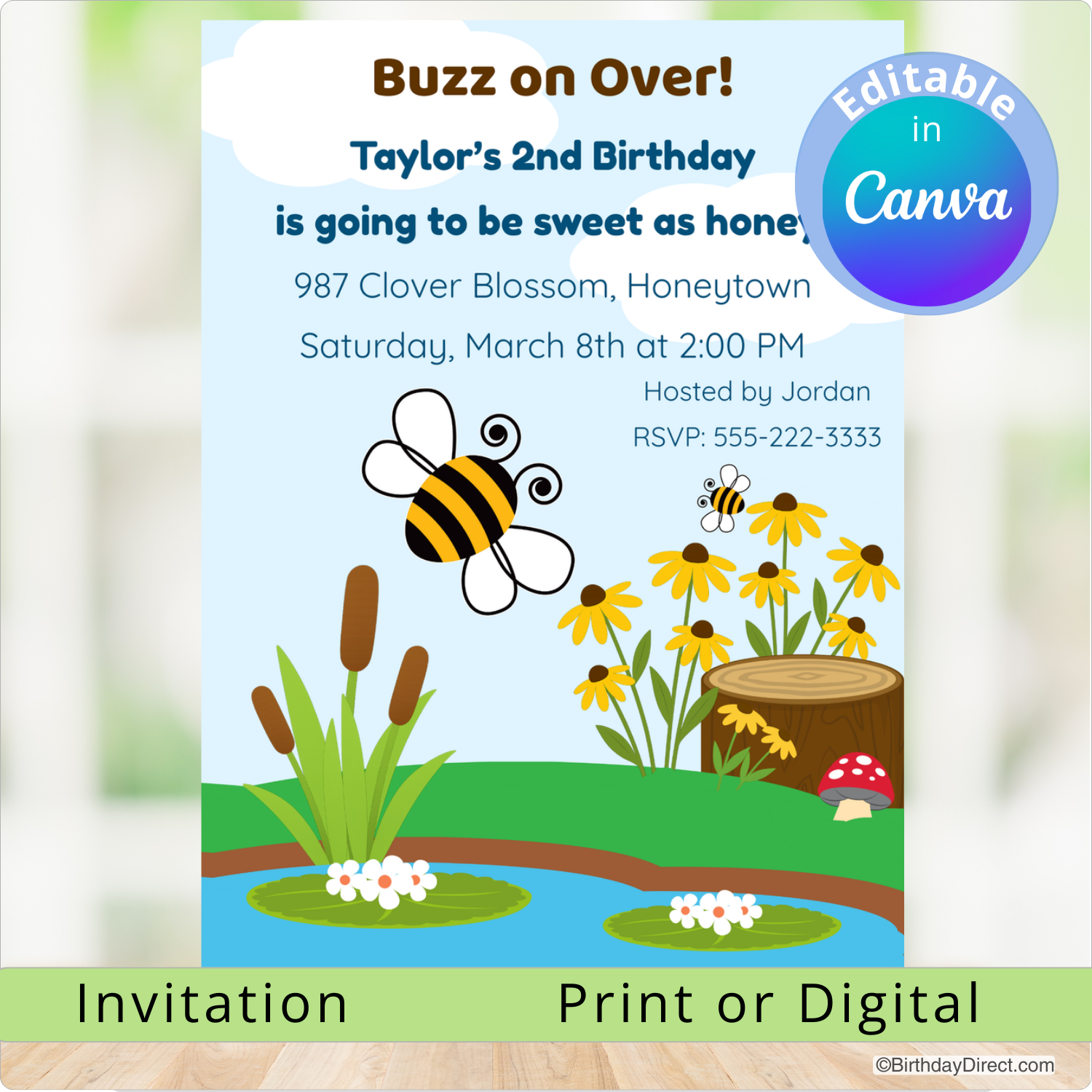 Little Bumble Bee Birthday Invitation | 5x7 Editable Template ...