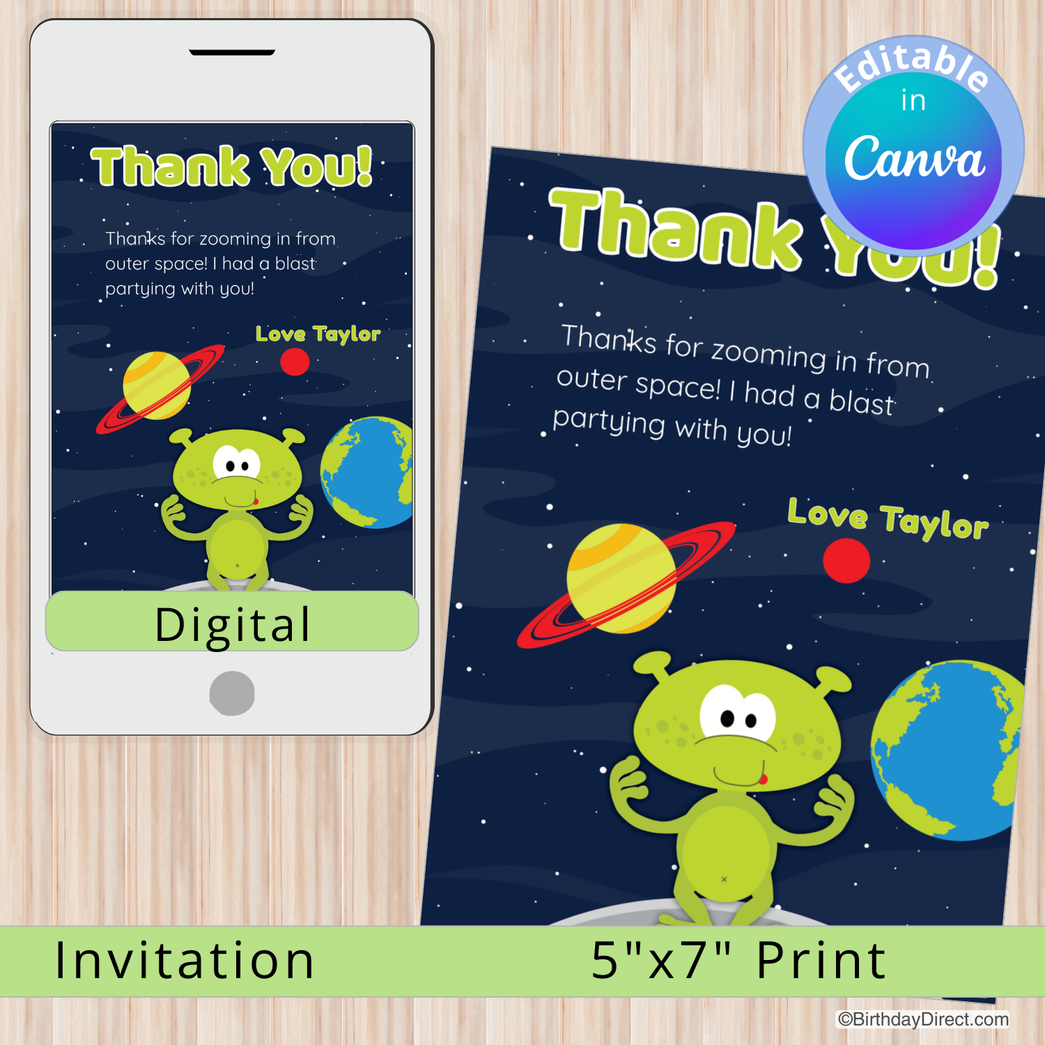 Space Alien Thank You Card | Editable 5x7 Template – BirthdayDirect